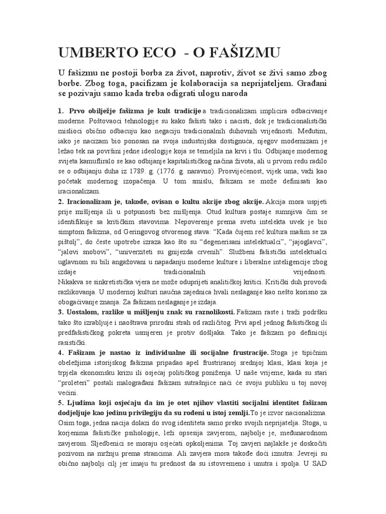 UMBERTO ECO "O Fašizmu" | PDF