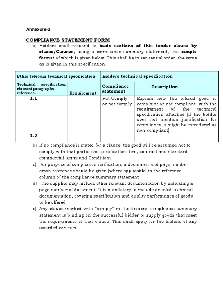Compliance Statement Form: Ethio Telecom Technical Specification ...