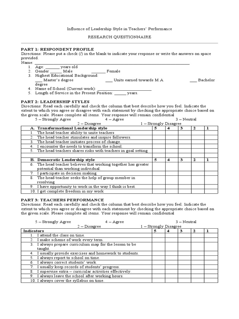 Influence of Leadership Style in Teachers SURVEY | PDF ...