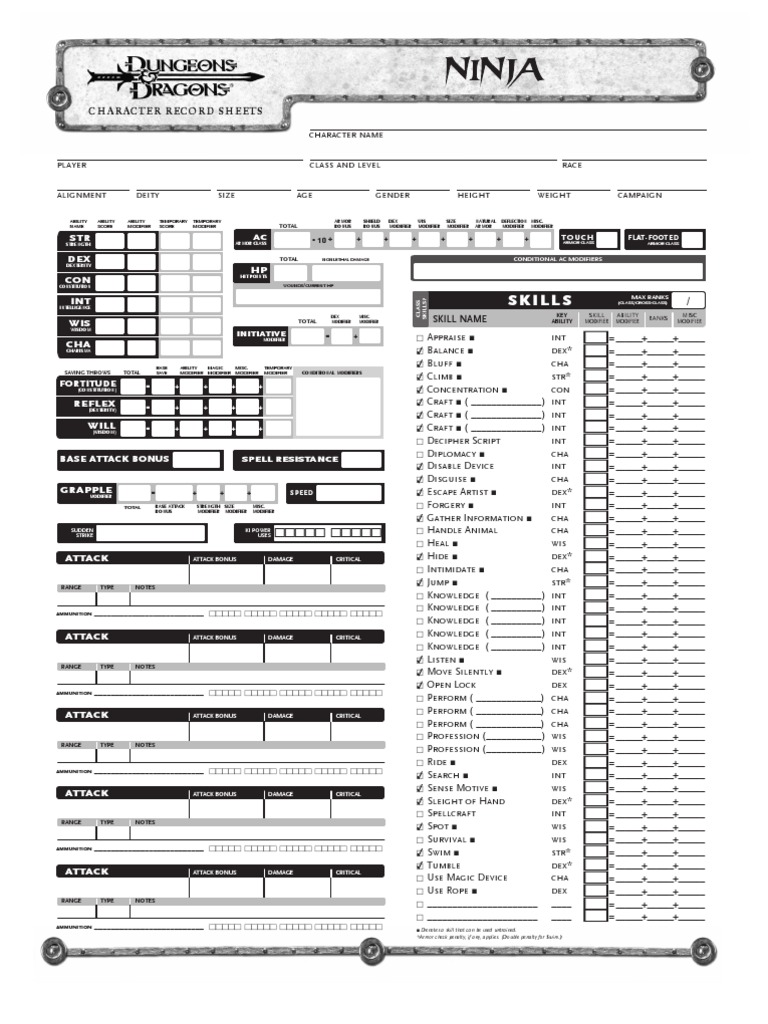 D&D Ninja Character Sheet | Download Free PDF | Leisure