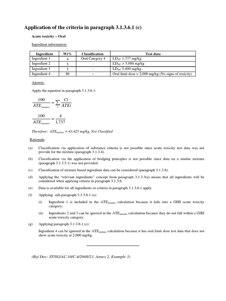 Calculation of oral ATE mixture using ingredient percentages and LD50 ...