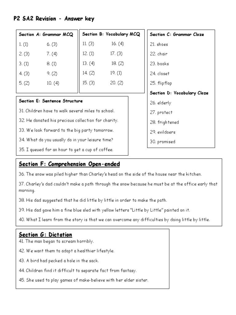 P2 SA2 Revision - Answer Key: Section A: Grammar MCQ Section B: Vocabulary MCQ Section C ...