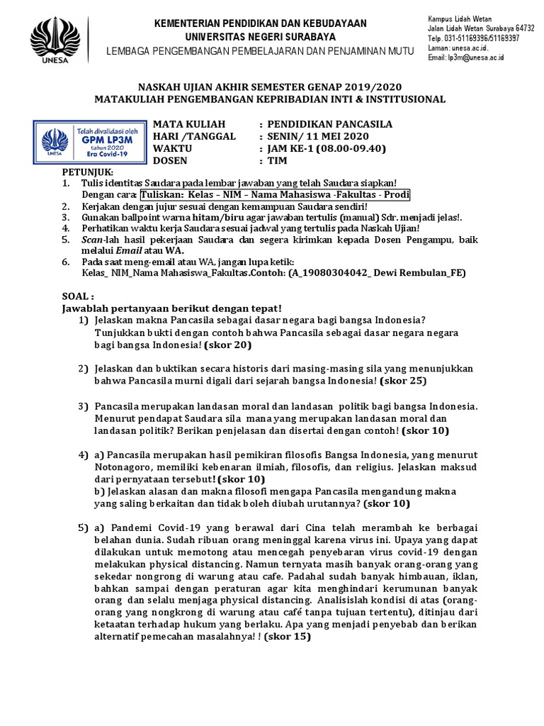 Naskah Uas MPK Pancasila Genap 2019-2020 Fix | PDF