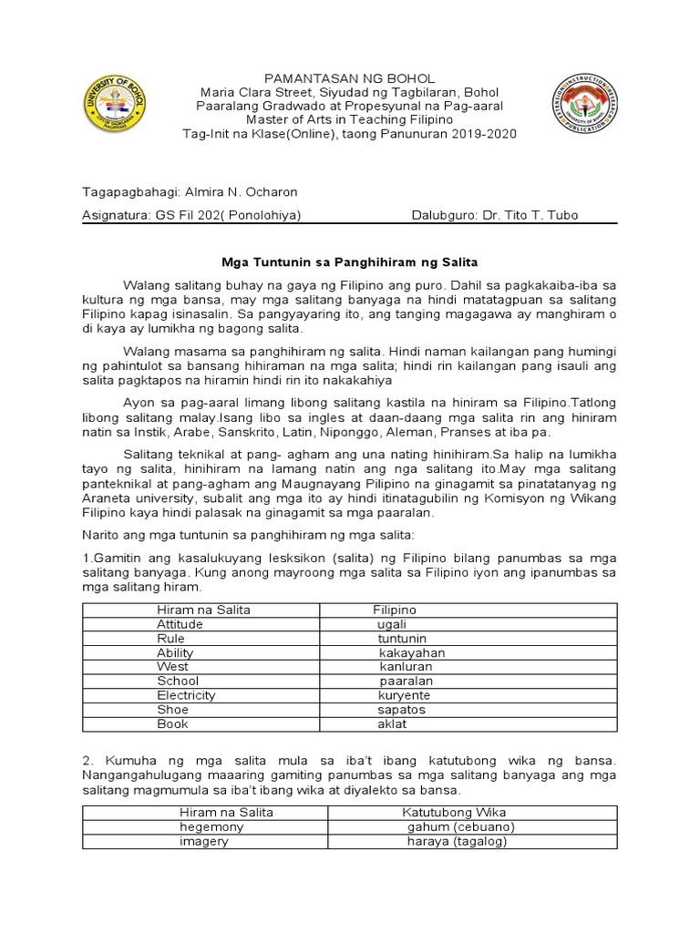 Mga Tuntunin Sa Panghihiram NG Salita (Orihinal Na Kopya) | PDF