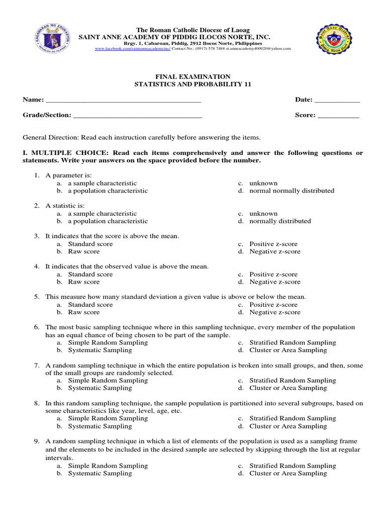STAT 11 Final Exam PDF | PDF | Standard Score | Sampling (Statistics)