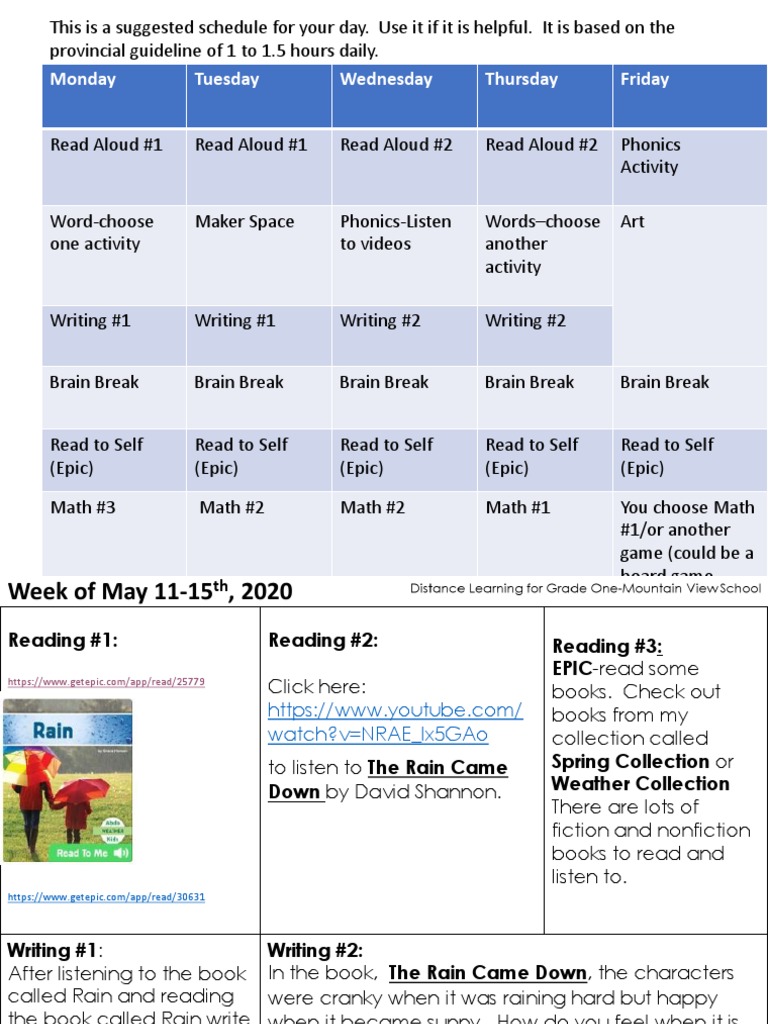 Grade One Distance Learning Schedule | PDF | Rain | Nature