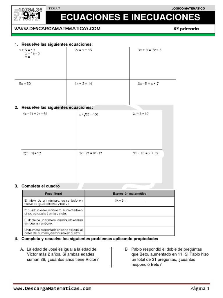 07 Ecuaciones e Inecuaciones Sexto de Primaria | PDF | Métodos y ...