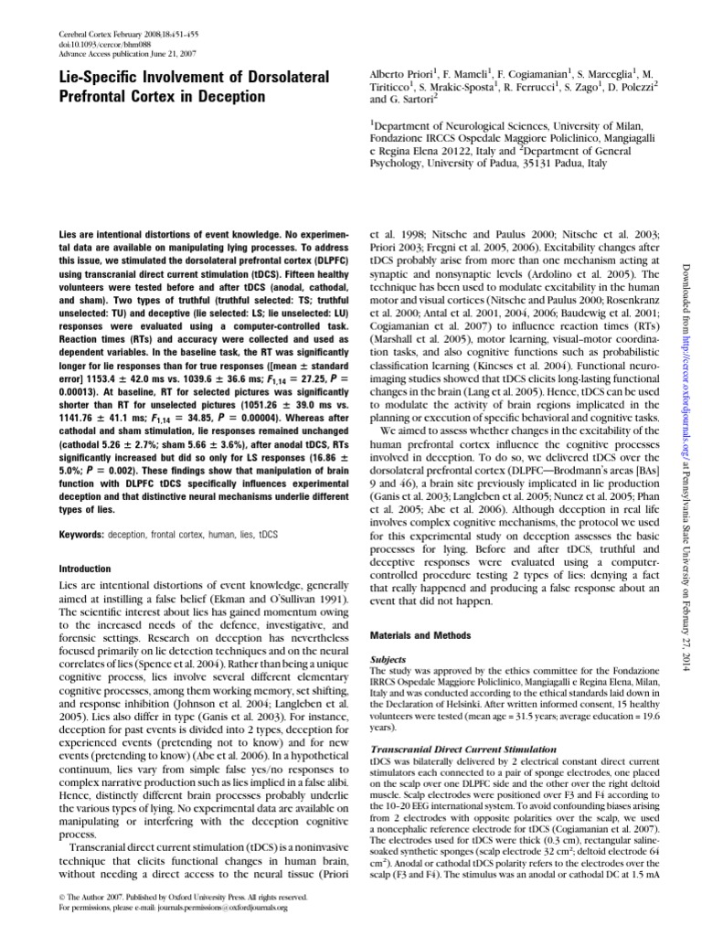 LieSpecific Involvement of Dorsolateral | PDF | Dorsolateral Prefrontal ...