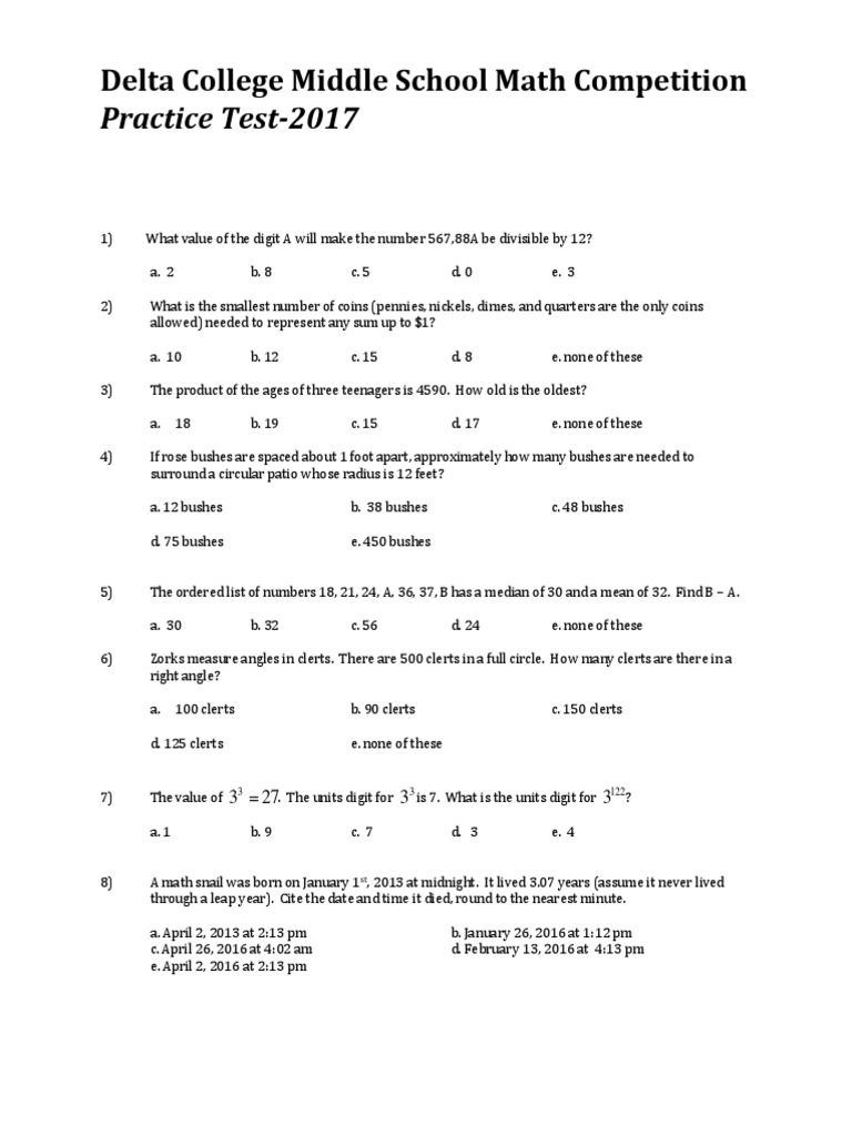 Middle School Math Practice Test | PDF | Mean | Angle
