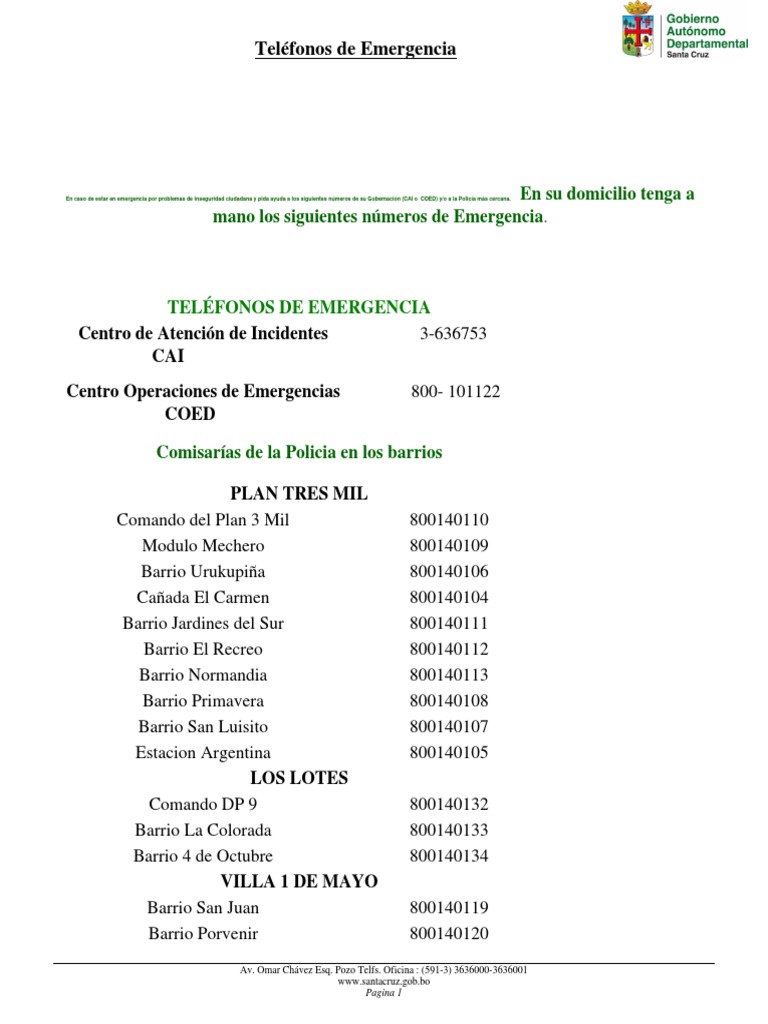 Números de Emergencia en Santa Cruz | PDF | Policía | Violencia