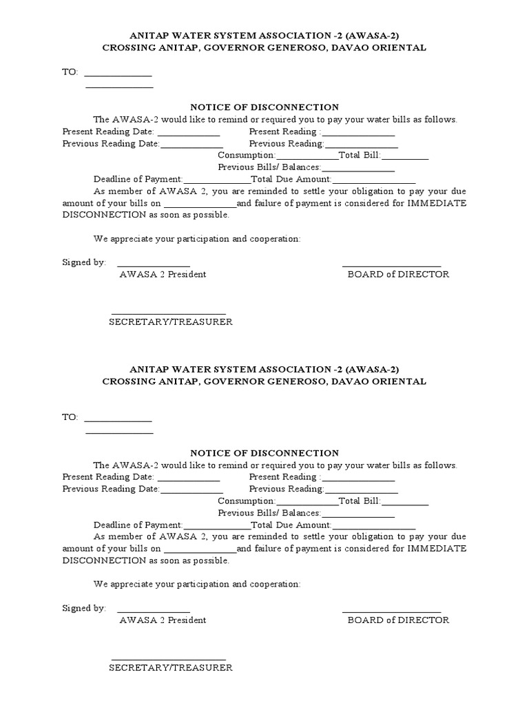 Anitap Water System Association Notice of Disconnection | PDF