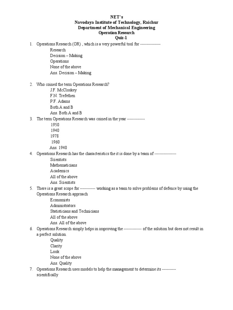Operations Research MCQ's With Answers | PDF | Mathematical Optimization | Linear Programming