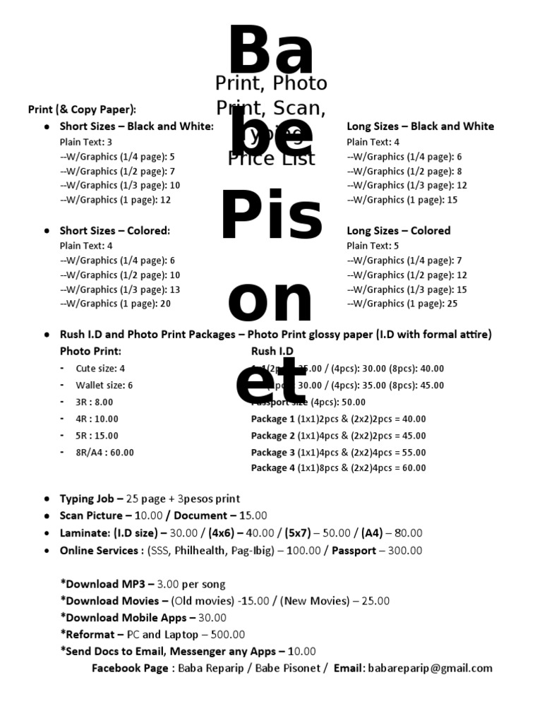 Print, Photo Print, Scan, Typing Price List | Download Free PDF | Media ...