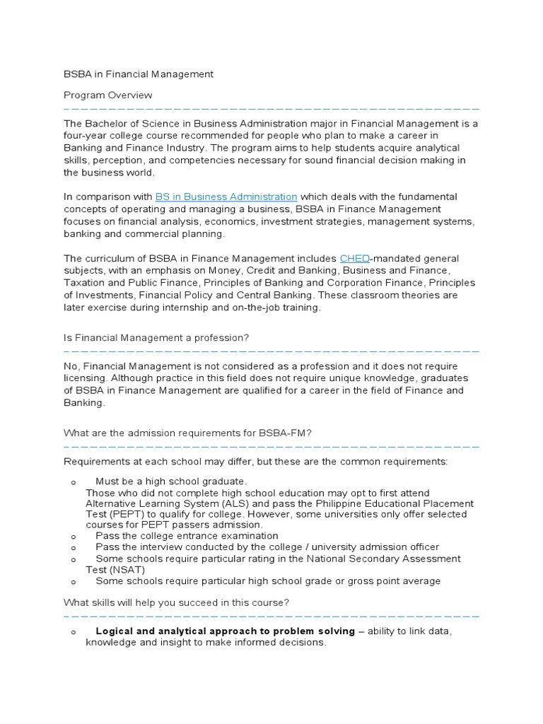 BSBA in Financial Management Overview | PDF | Financial Analyst ...