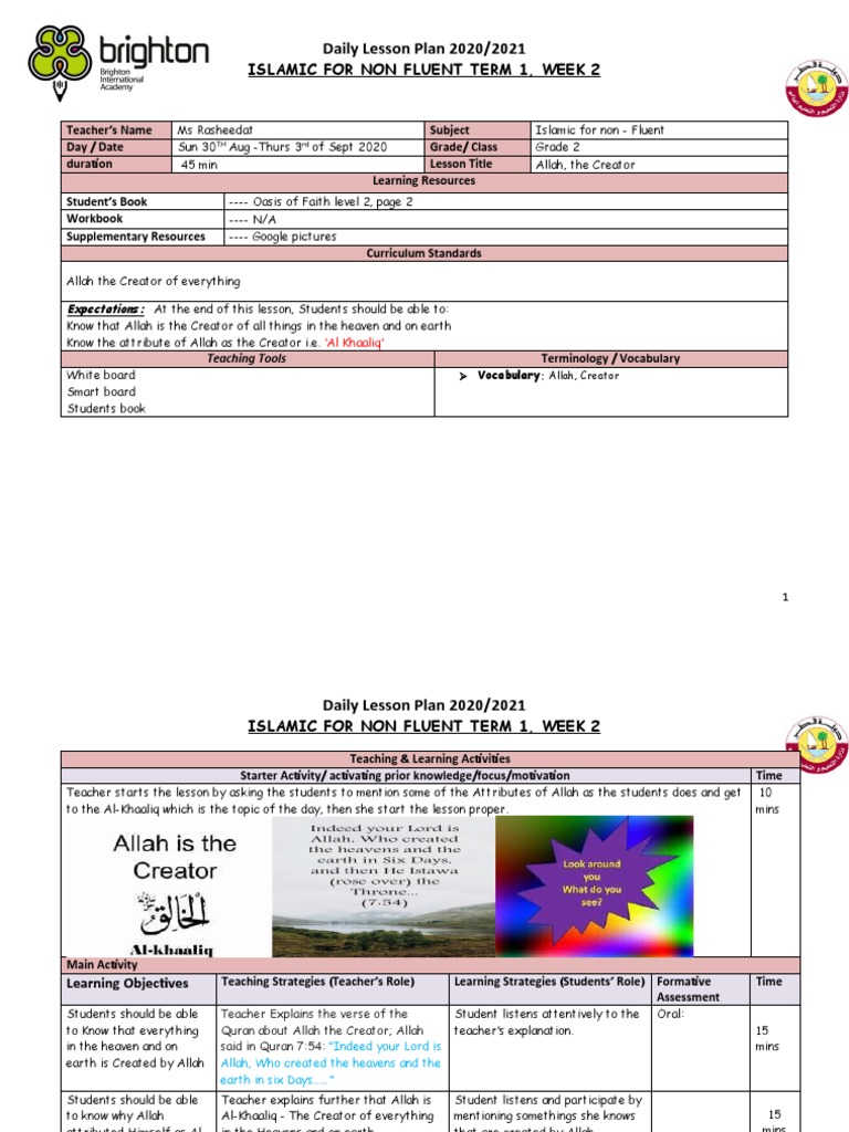 Lesson Plan For Week 2, Term 1 (G2) | PDF | Lesson Plan | Educational ...