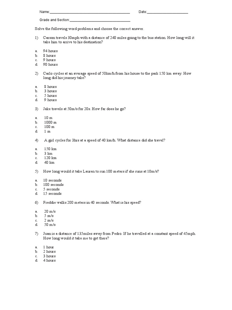Word Problems on Speed and Distance | PDF