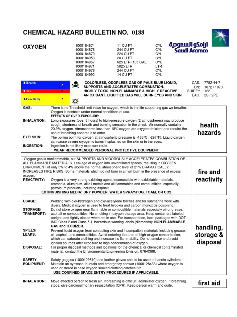 Chemical Hazard Bulletin No. 0188: Oxygen | PDF | Oxygen | Combustion