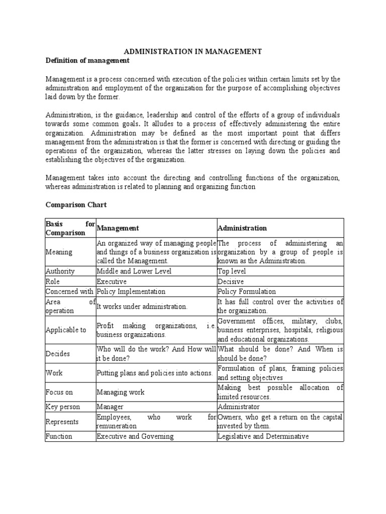 Management vs. Administration Explained | PDF | Decision Making | Goal