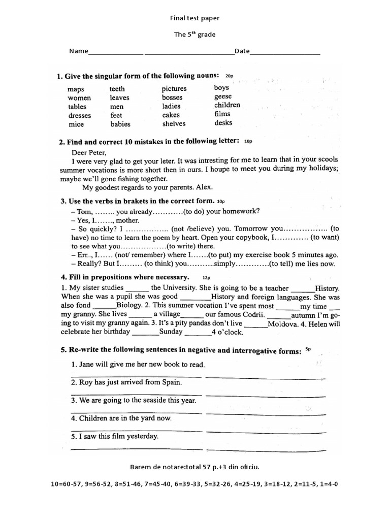 5th Grade Final Test Scoring Guide | PDF | Teaching Methods & Materials
