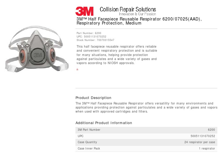 3M™ Half Facepiece Reusable Respirator 6200/07025 (AAD), Respiratory ...