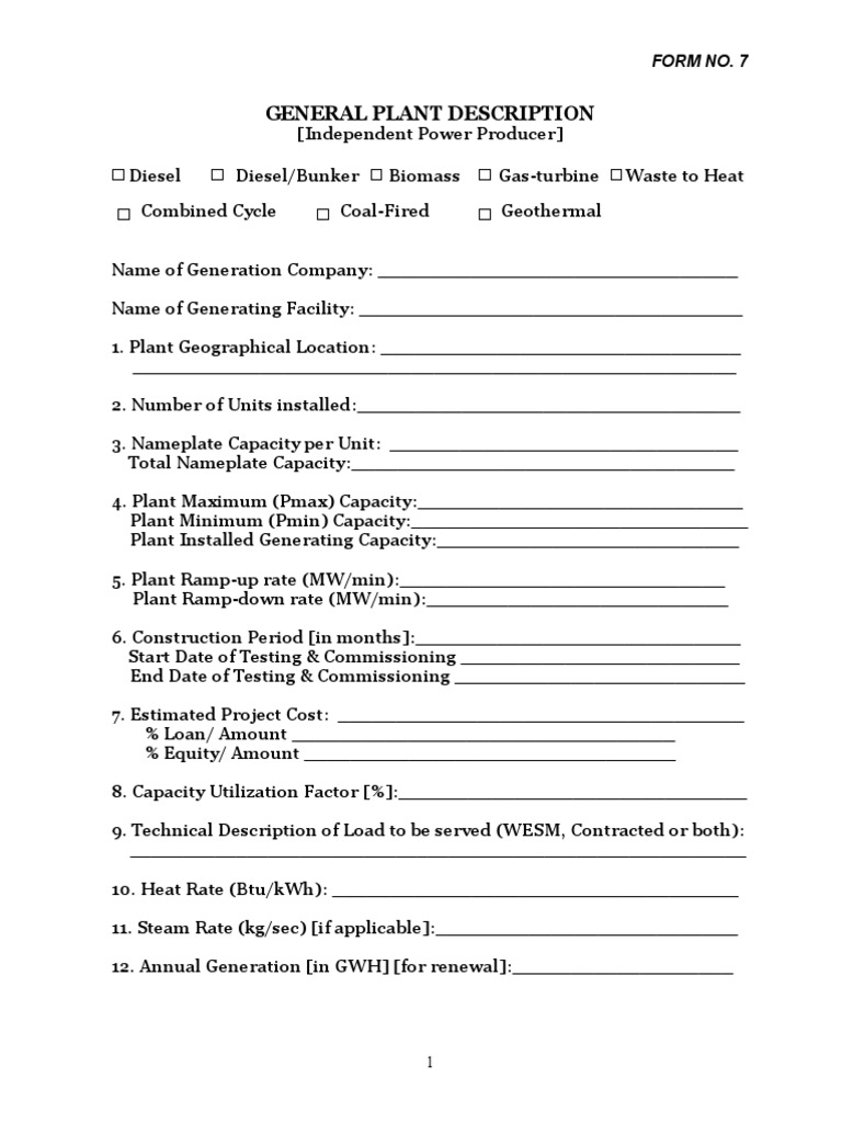General Plant Description: Form No. 7 | PDF | Fuels | Alternative Energy
