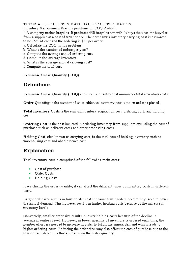 Inventory Management Practice Problems On EOQ Problem-Tutorial For Bfe | PDF