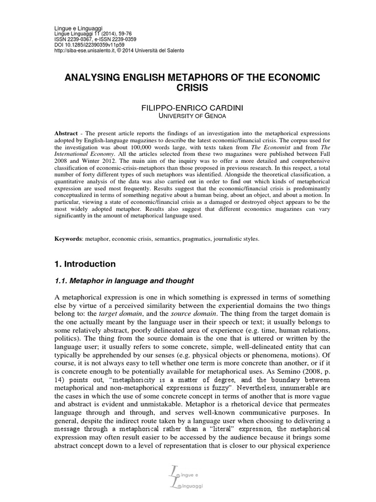 Analysing English Metaphors of The Economic Crisis: Filippo-Enrico ...