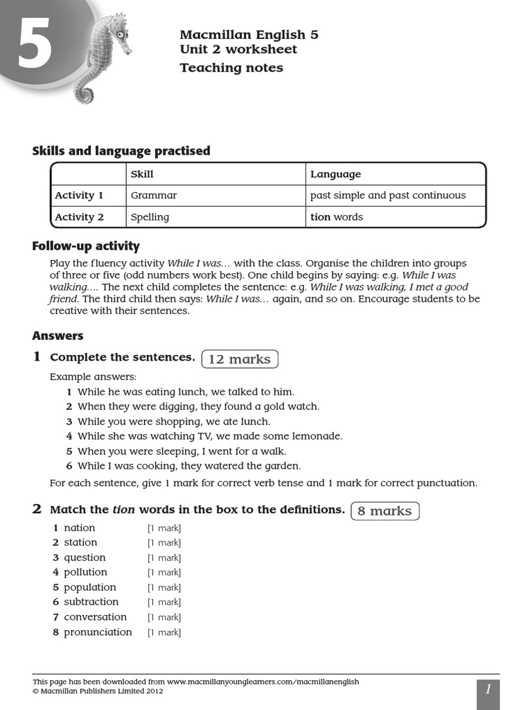 Macmillan English 5 Unit 2 Worksheet Teaching Notes: 12 Marks | PDF