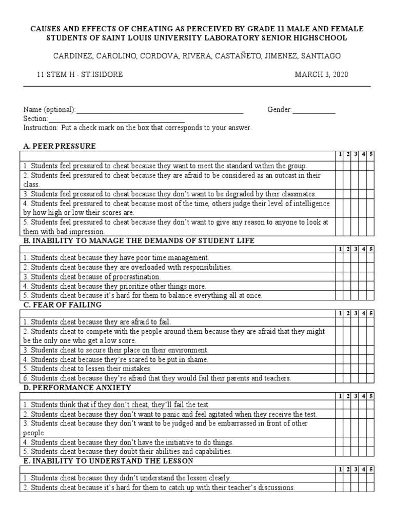 Cheating Questionnaire (Group 4) | PDF | Behavioural Sciences ...