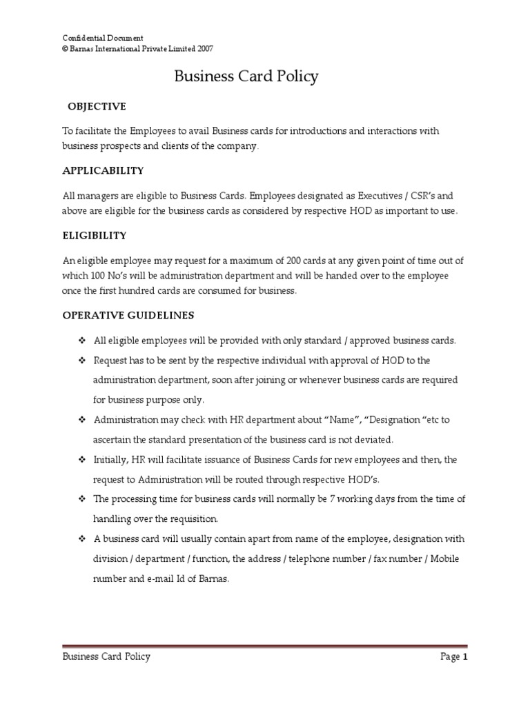 Business Card Policy: Objective | Business | Government