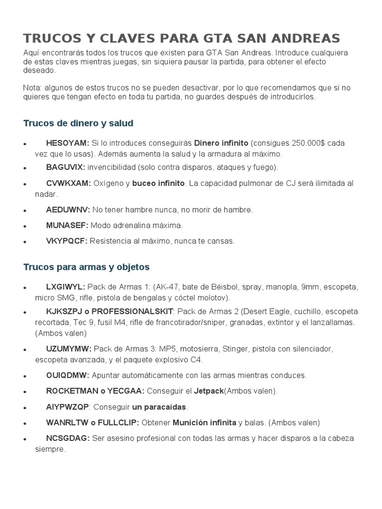 Trucos y Claves para Gta San Andreas | PDF | Arsenal | Ocio