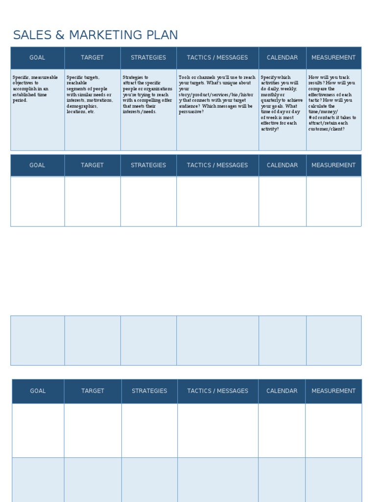 Sales & Marketing Plan: Goal Target Strategies Tactics / Messages ...