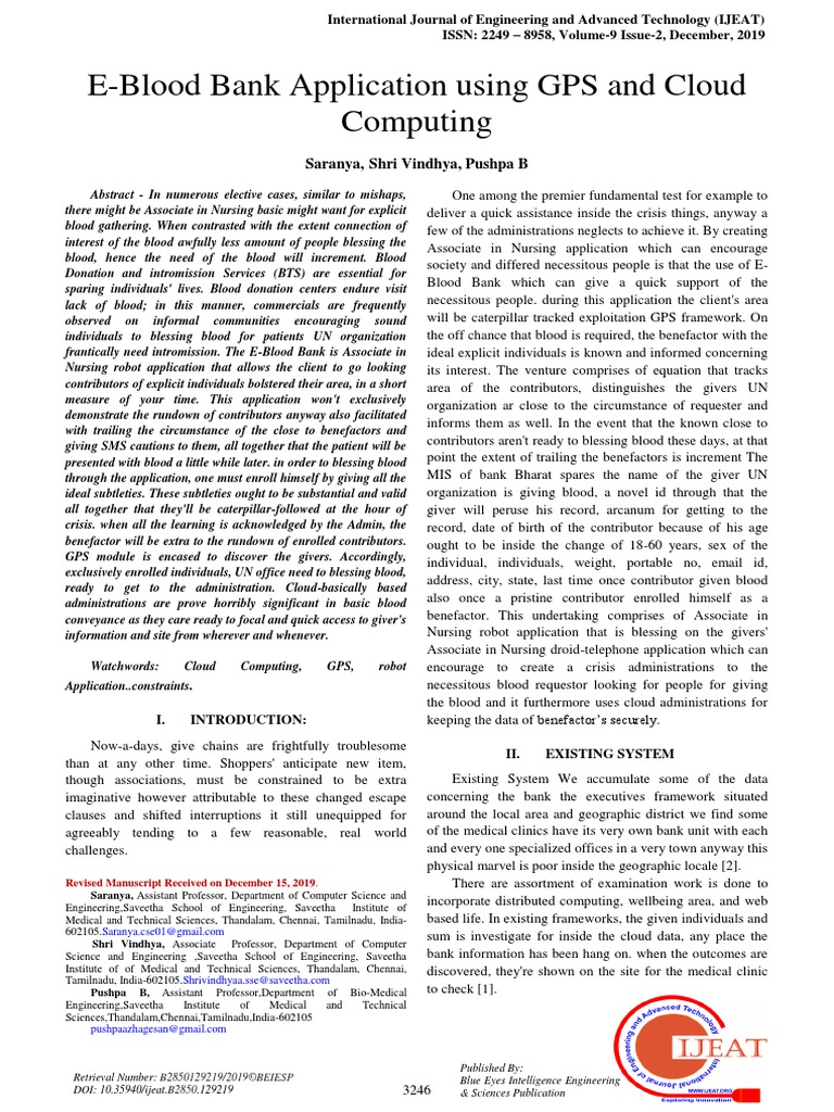 E-Blood Bank Application Using GPS and Cloud Computing: Saranya, Shri Vindhya, Pushpa B | PDF ...