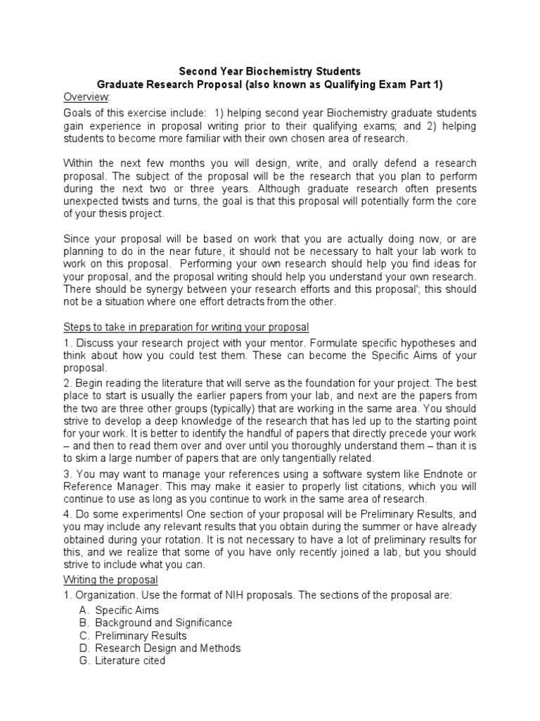 Second Year Biochemistry Students Graduate Research Proposal (Also ...