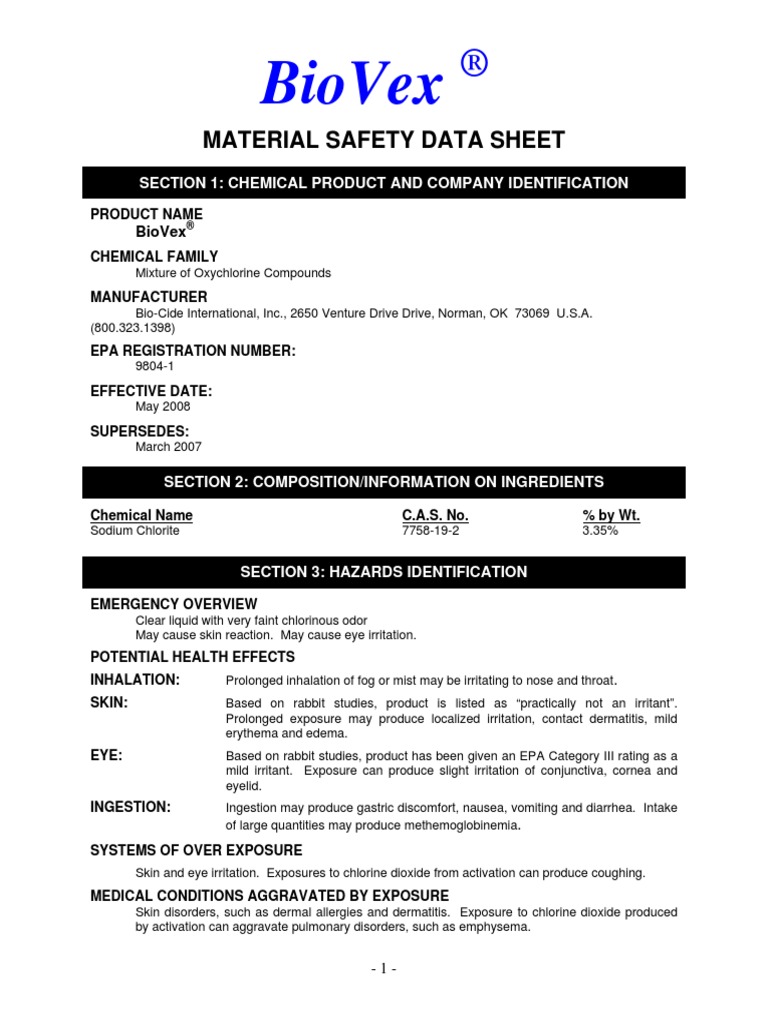 Biovex: Material Safety Data Sheet | PDF | Clean Water Act | Chlorine