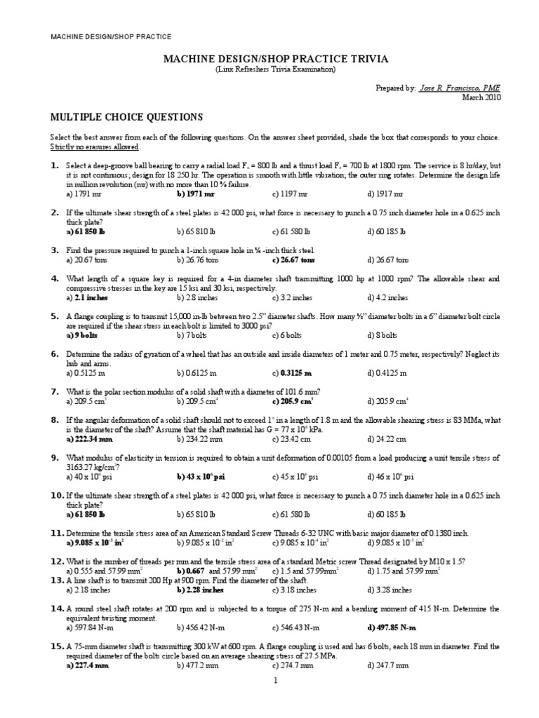Machine Design/Shop Practice Trivia: Multiple Choice Questions | PDF ...