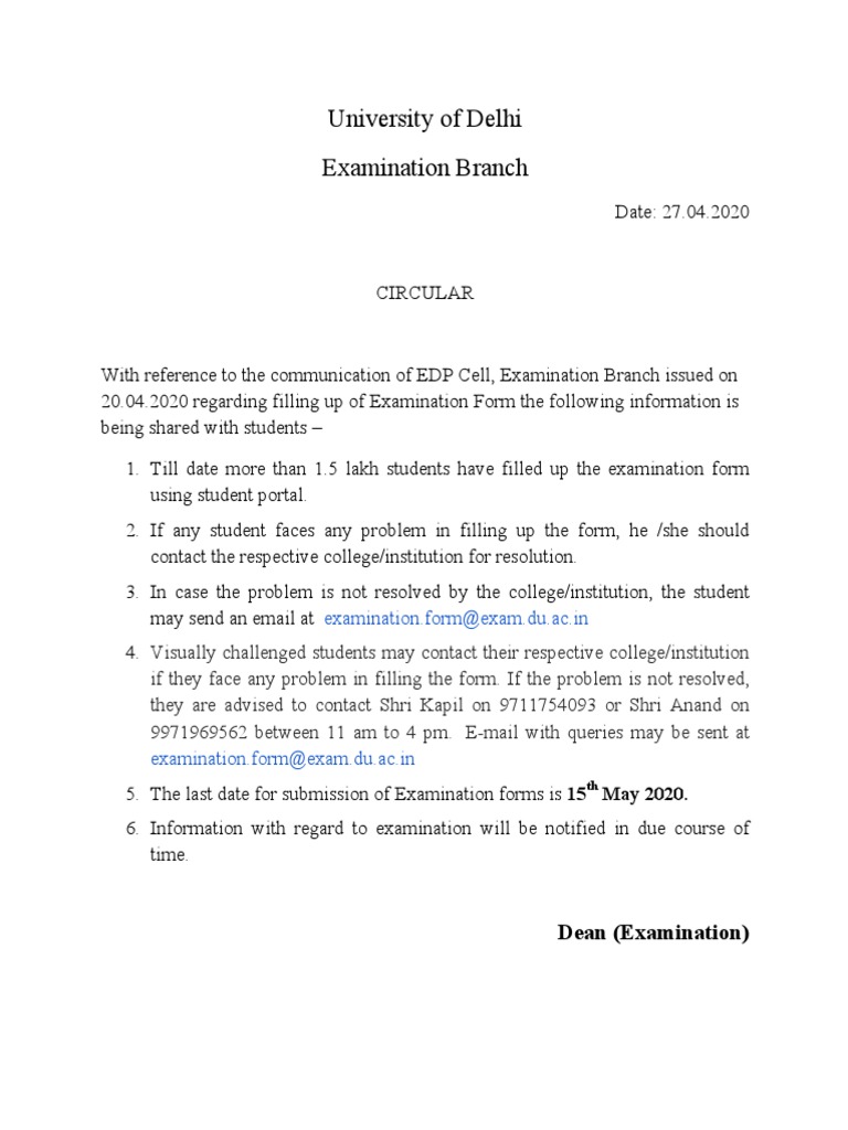 University of Delhi Examination Branch: Examination - Form@exam - Du.ac ...