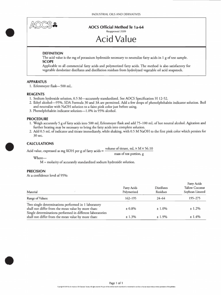 AOCS Te 1a-64 - Acid Value | PDF