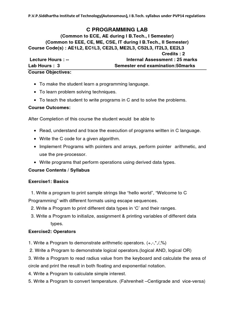 C Programming Lab: P.V.P.Siddhartha Institute of Technology (Autonomous), I B.Tech. Syllabus ...