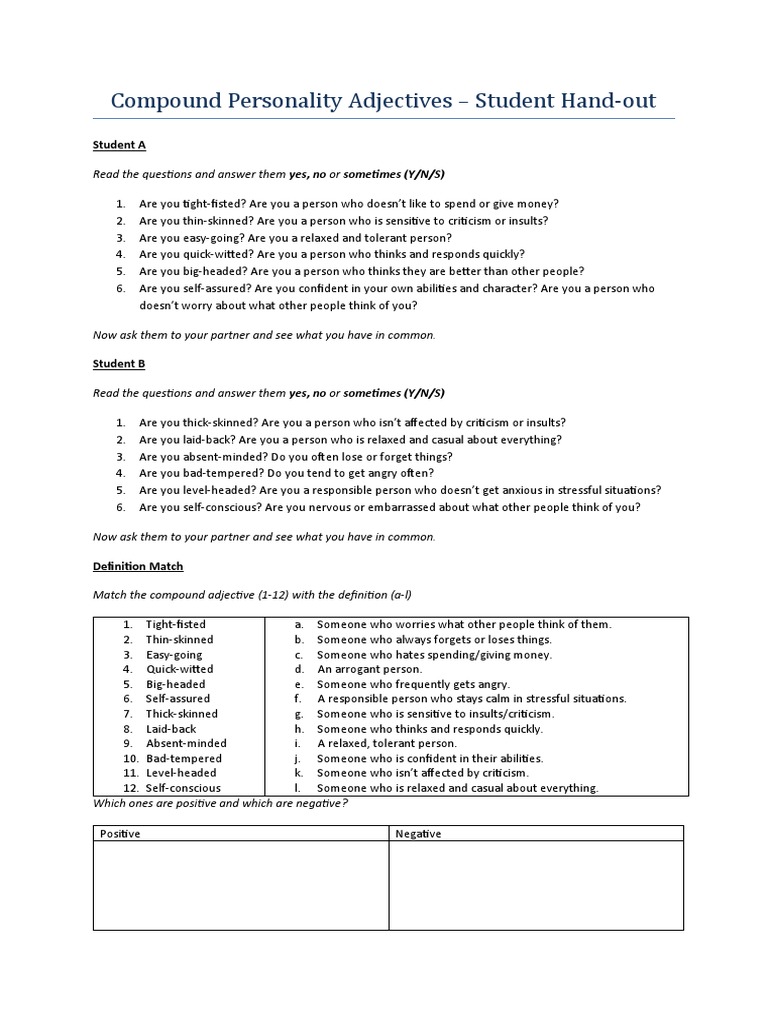 Compound Personality Adjectives Sts Handout | PDF
