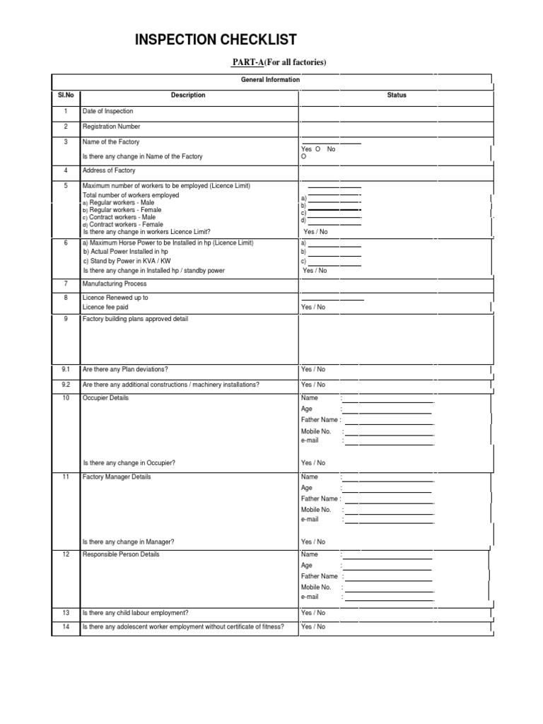 Inspection Checklist: PART-A (For All Factories) | PDF | Stairs ...