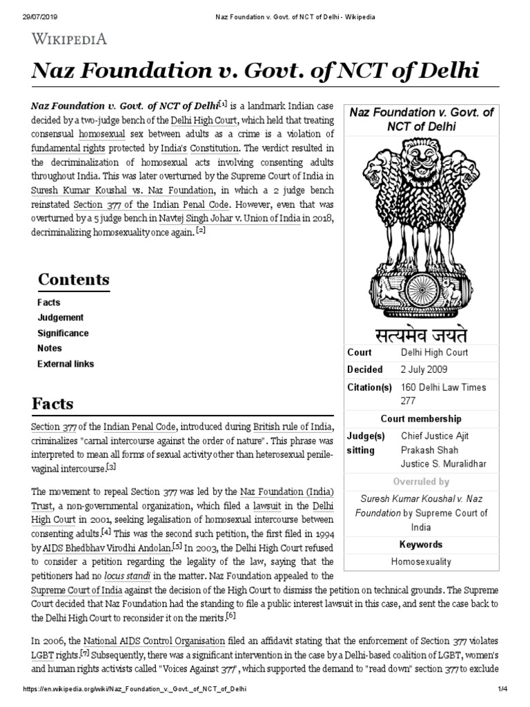 1.naz Foundation v. Govt. of NCT of Delhi - Wikipedia | PDF | Gender ...