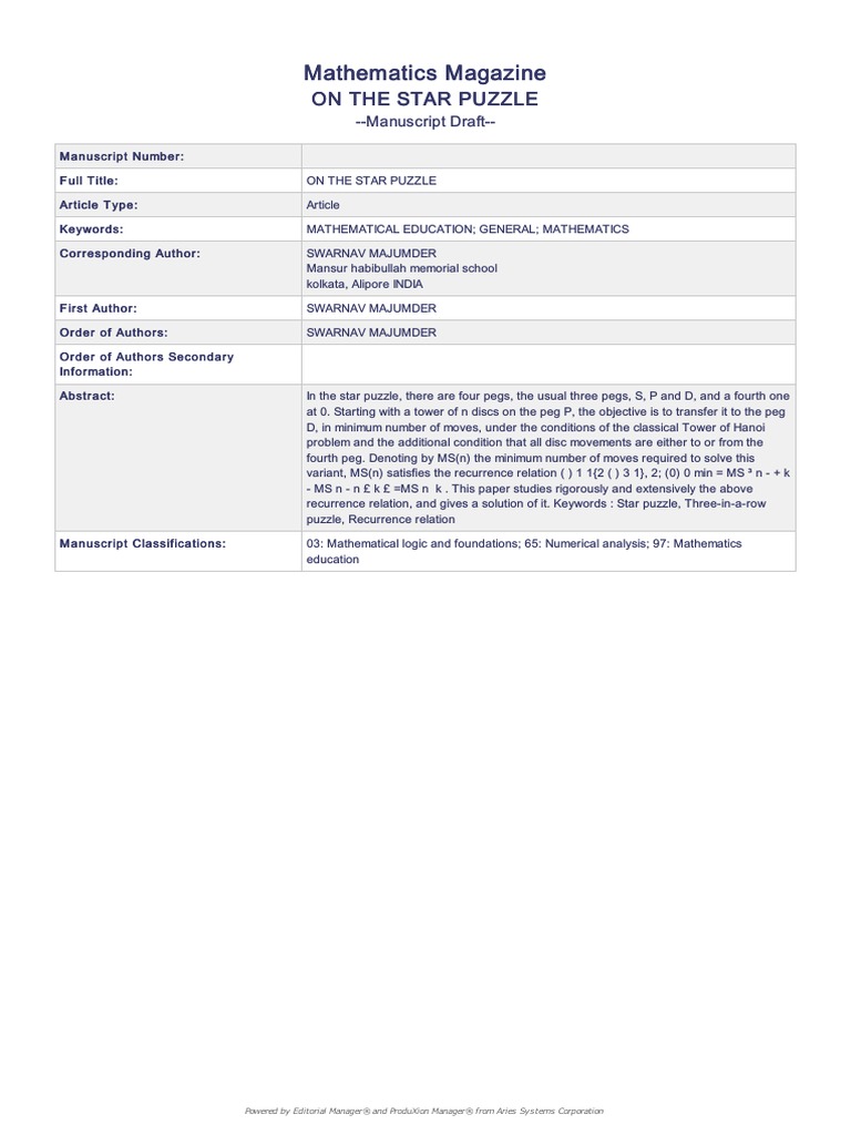 Mathematics Magazine Mathematics Magazine: On The Star Puzzle On The ...