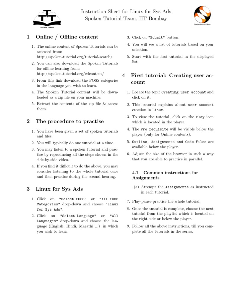 Instruction Sheet For Linux For Sys Ads Spoken Tutorial Team, IIT Bombay | PDF | World Wide Web ...