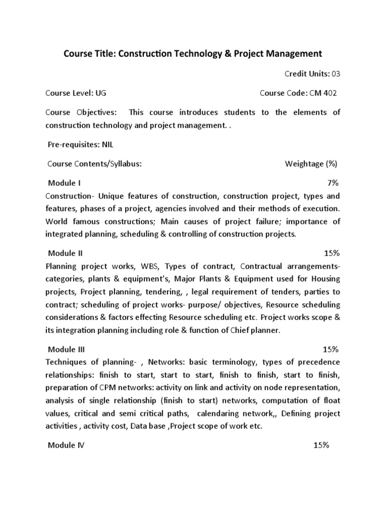 Course Title: Construction Technology & Project Management | PDF | Risk ...