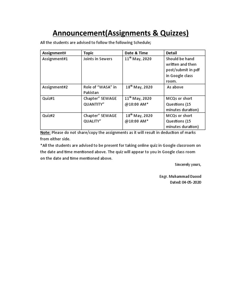Announcement (Assignment and Quiz) | PDF