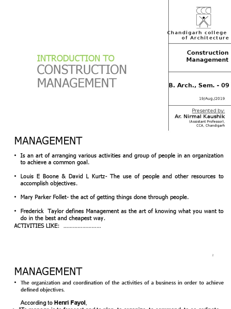 Introduction To Construction Management Pdf Project Management