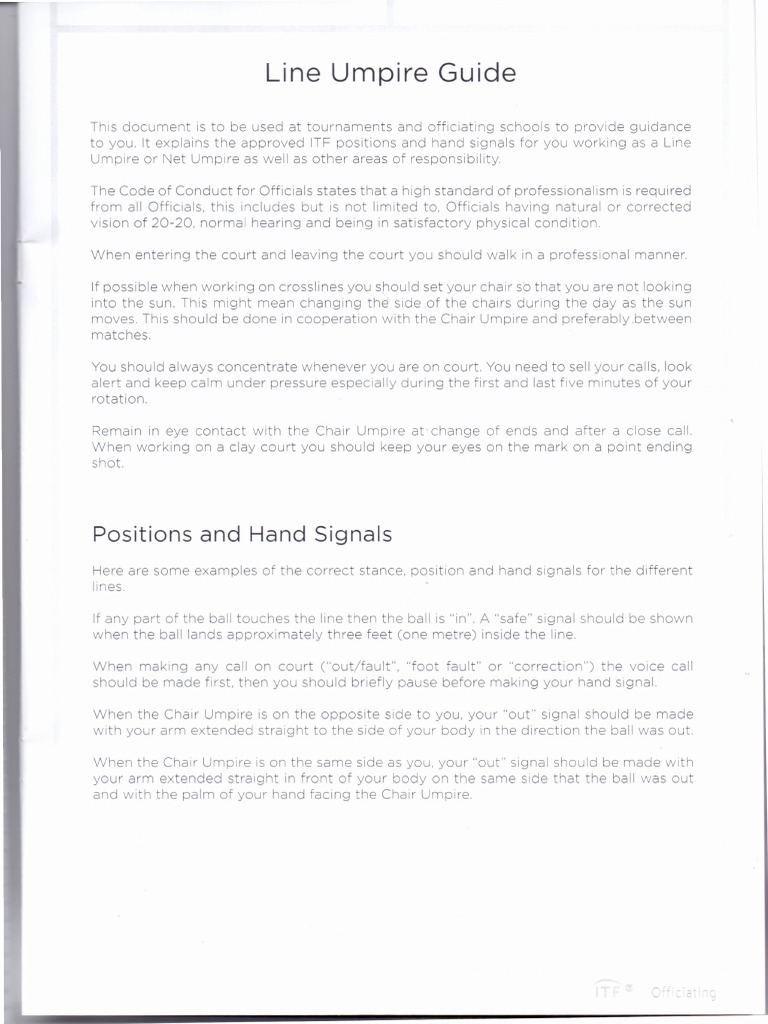 Line Umpire Guide: Positions and Hand Signals | PDF