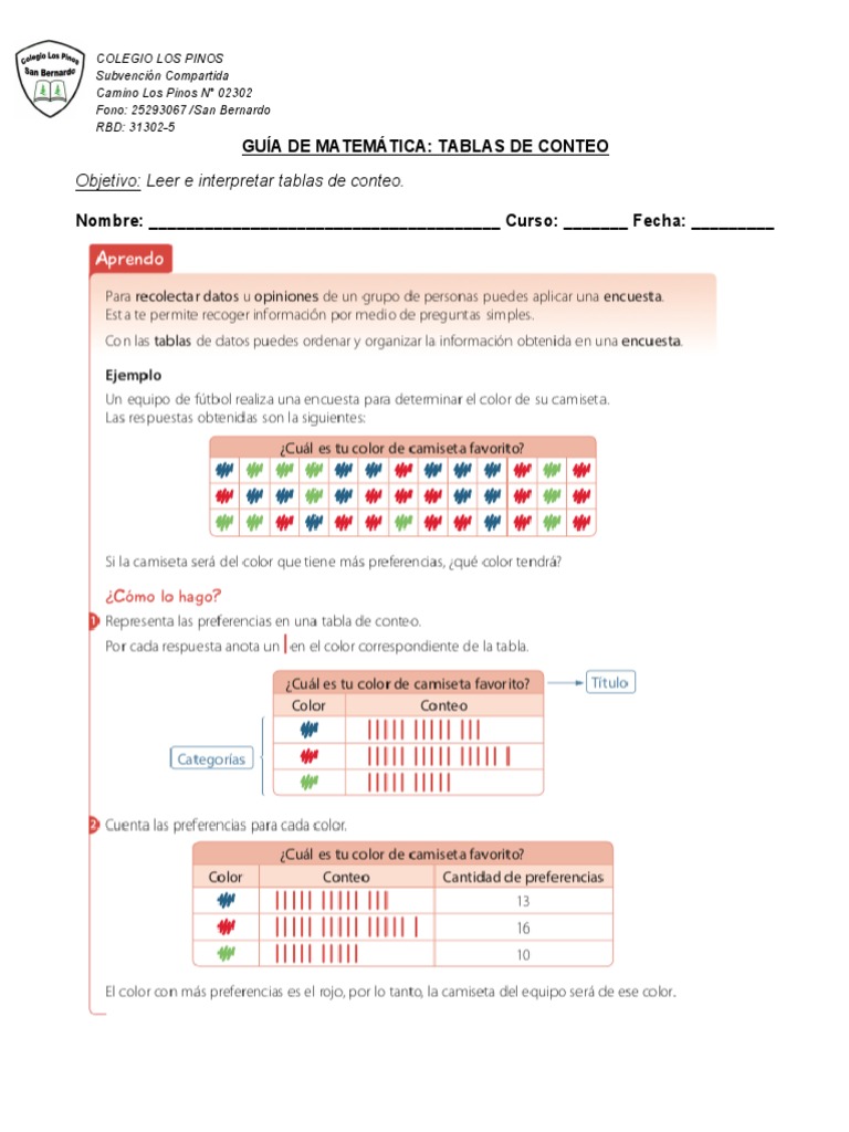Guía Matemática Tablas de Conteo | PDF | Cocina, comidas y vino ...
