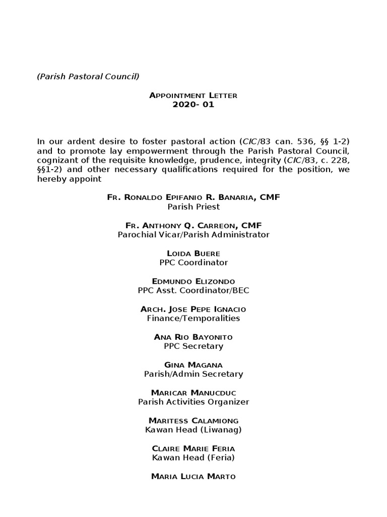 2020 Appointment Letter Template | PDF | Parish | Ecclesiastical Titles